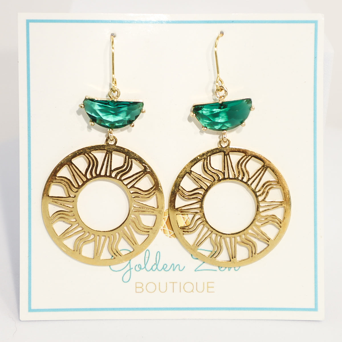 Gold Sun & Emerald Green Crystal Earrings – Golden Zen Boutique LLC