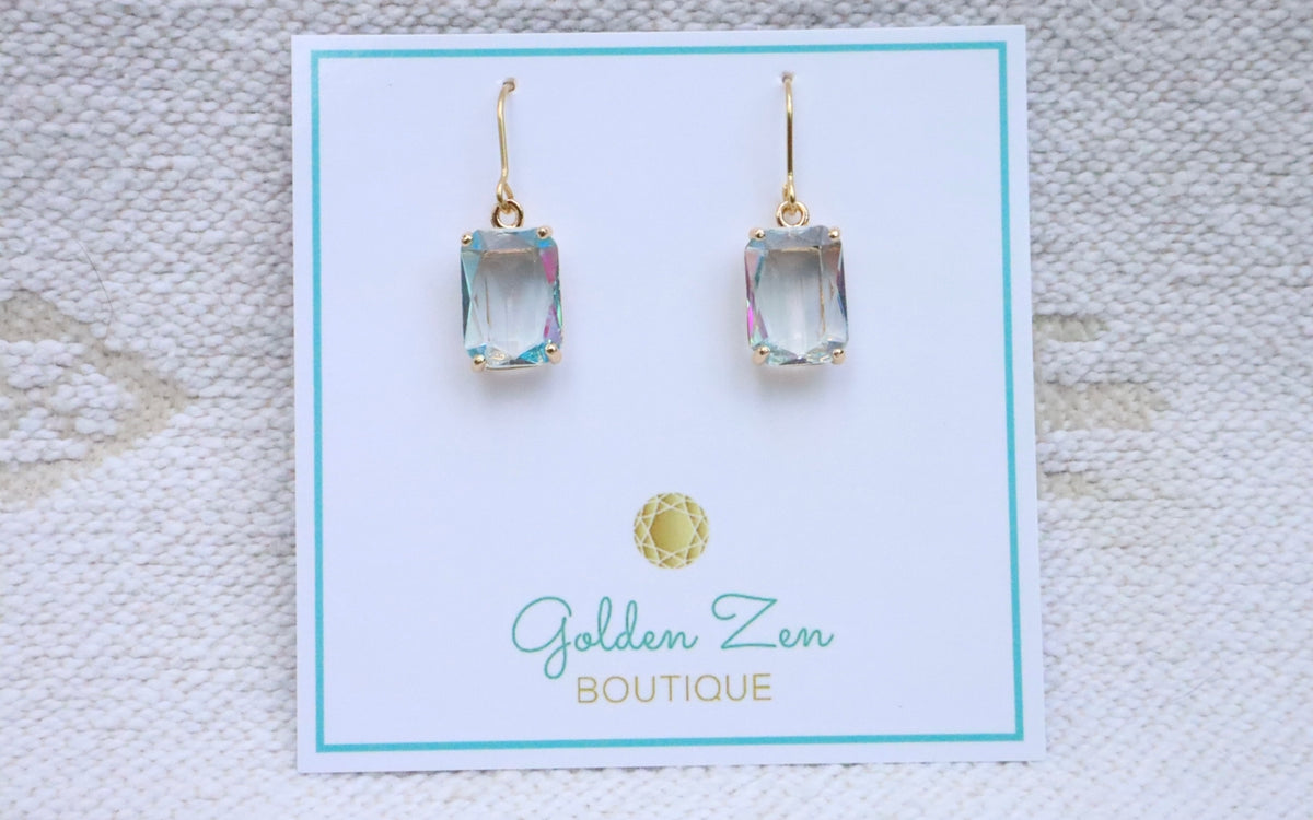 Fluorescent Aquamarine Emerald Cut Gem Earrings – Golden Zen Boutique LLC