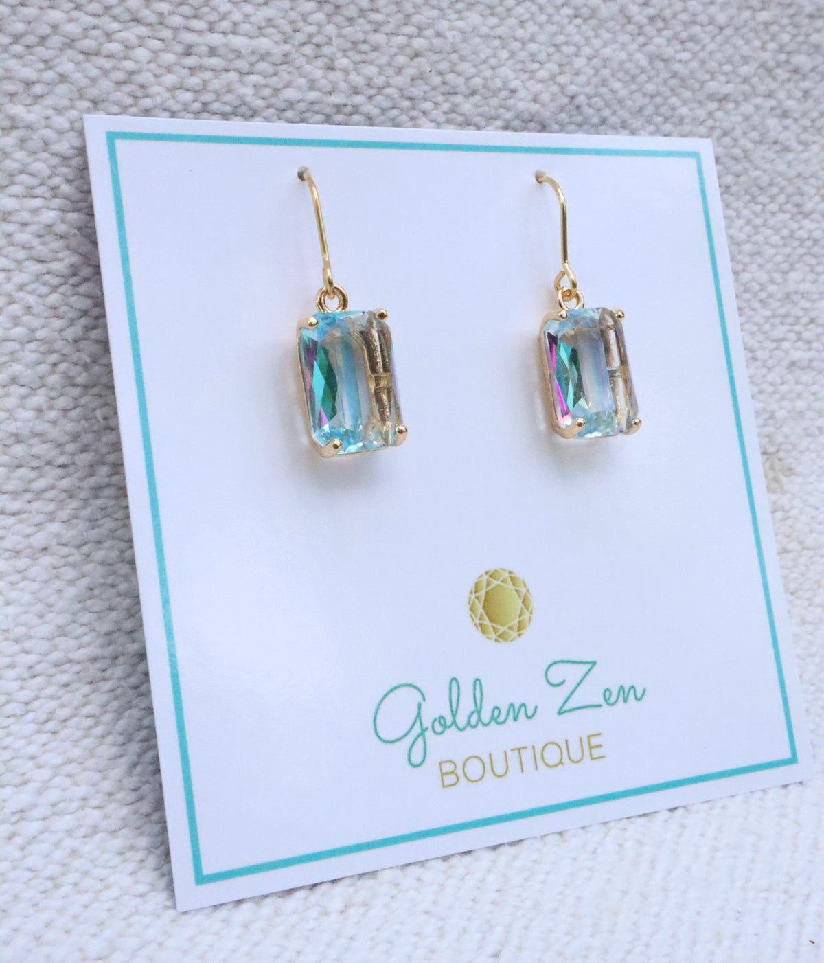Fluorescent Aquamarine Emerald Cut Gem Earrings – Golden Zen Boutique LLC